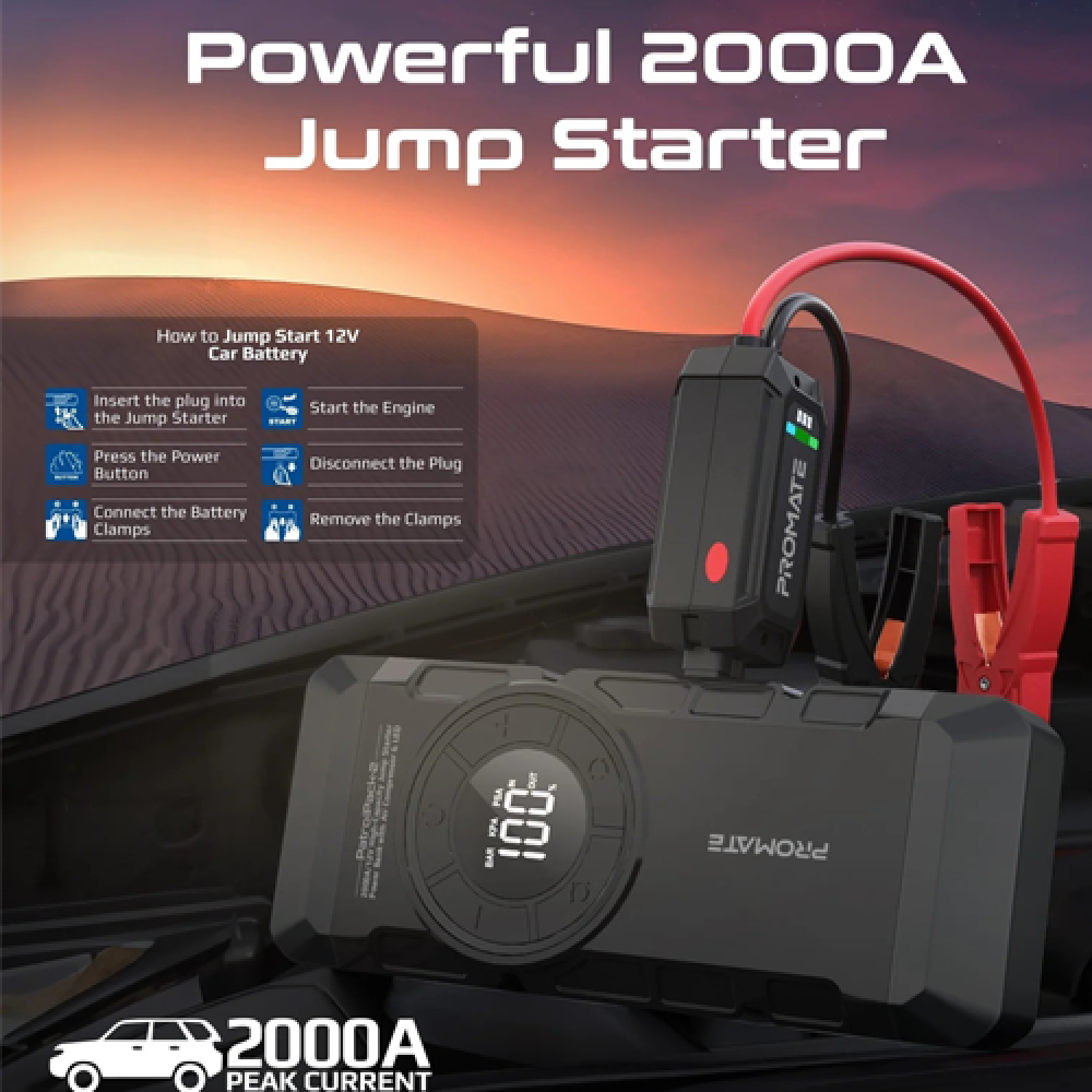 Promate Jump Starter, Air Blower and Power Bank 12000mAh with Light ...